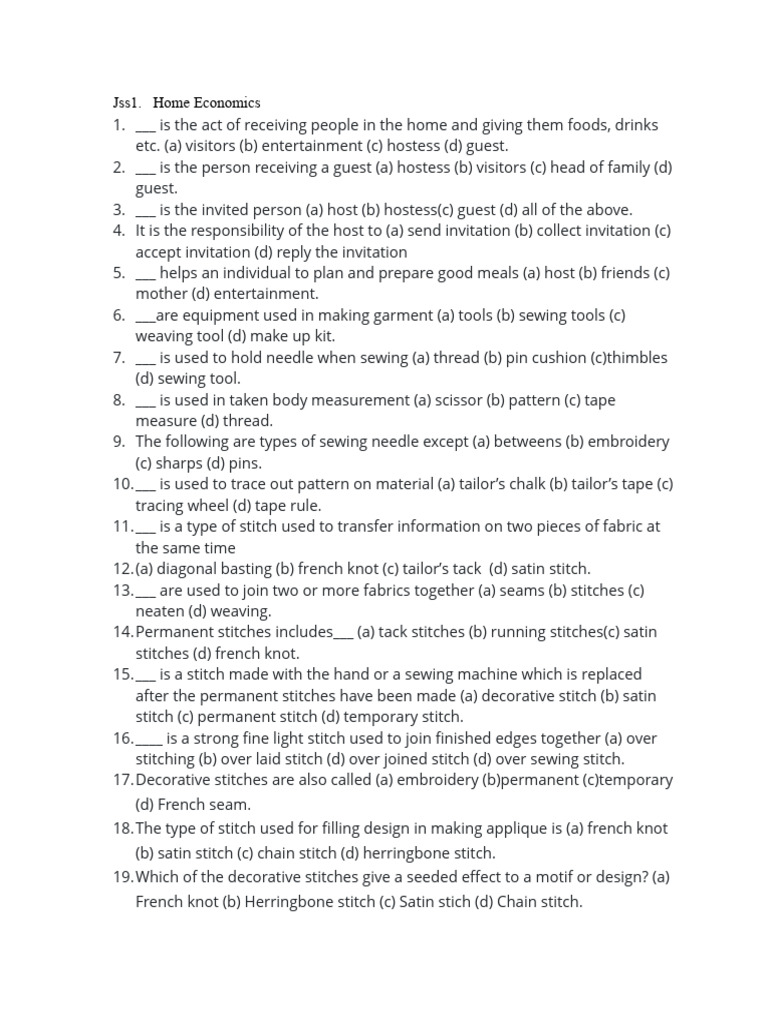 Jss1 Home Economics Exam 3rd Term | PDF | Sewing | Sexually Transmitted ...