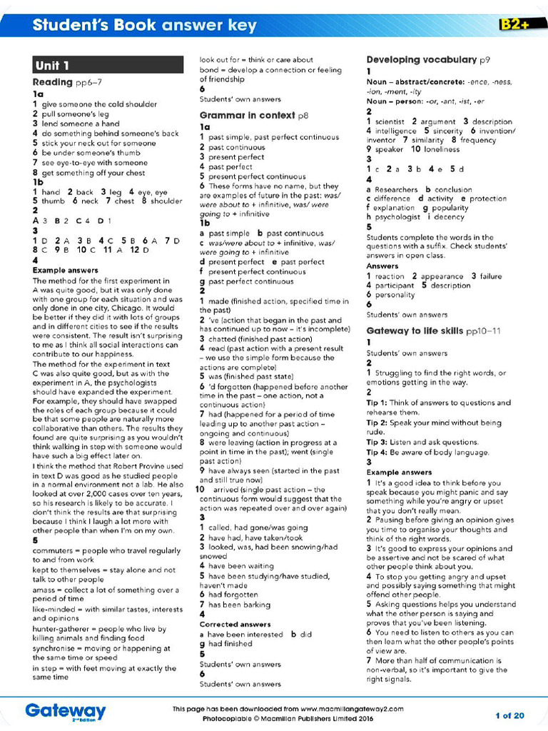 Gateway To The World B2+ Student's Book Answer Key | PDF | Grammar | Language Mechanics