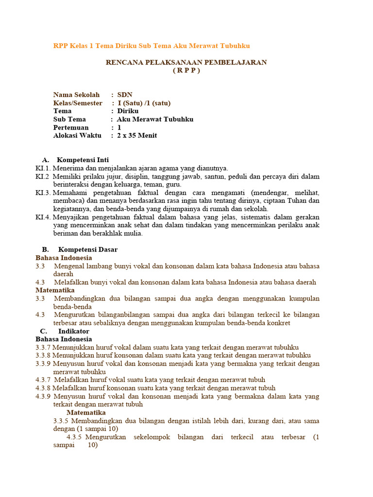 RPP Kelas 1 Tema Diriku Sub Tema Aku Merawat Tubuhku | PDF