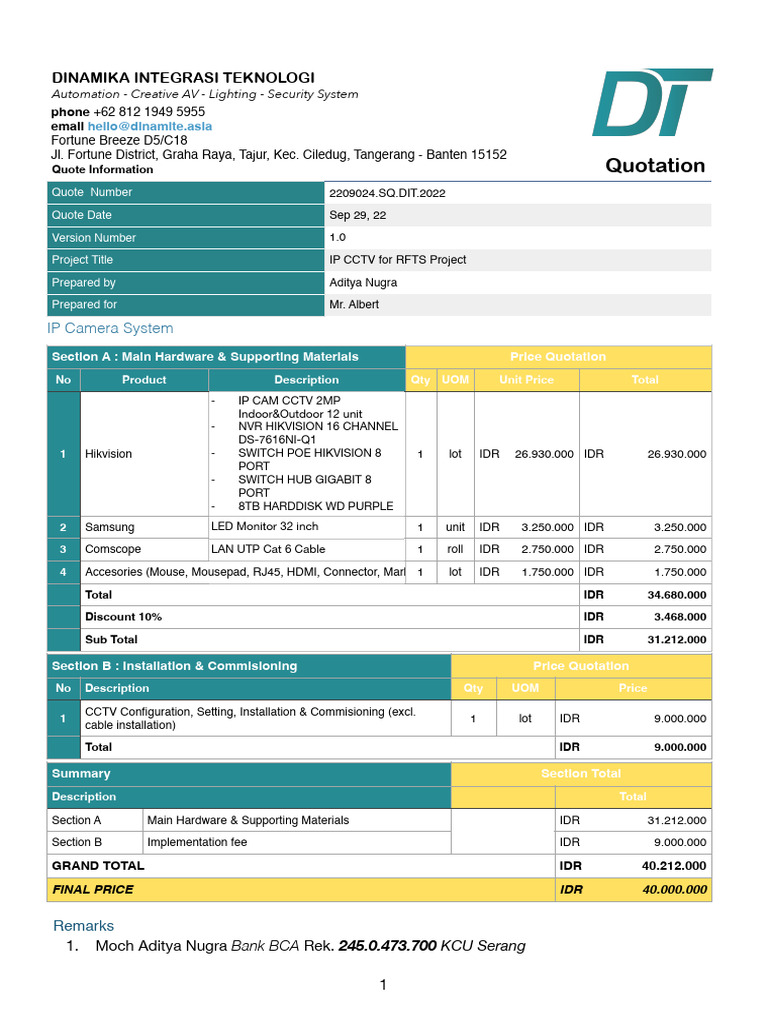 Quote Cctv Rfts | PDF | Telecommunications | Computer Engineering