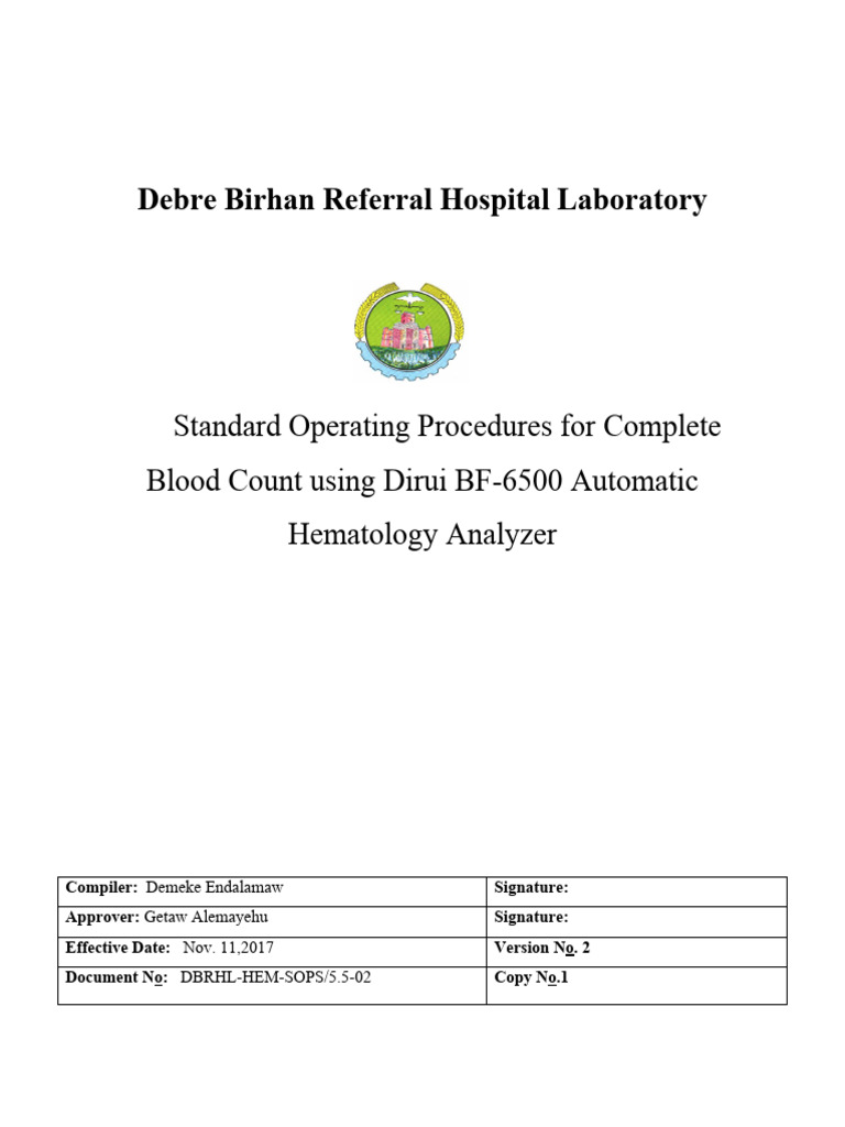 CBC SOP for Dirui BF-6500 Analyzer | PDF | Blood | Vertebrates