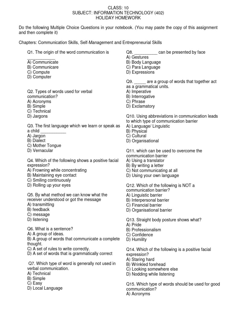 Class 10 IT Holiday Homework Guide | PDF | Communication | Word