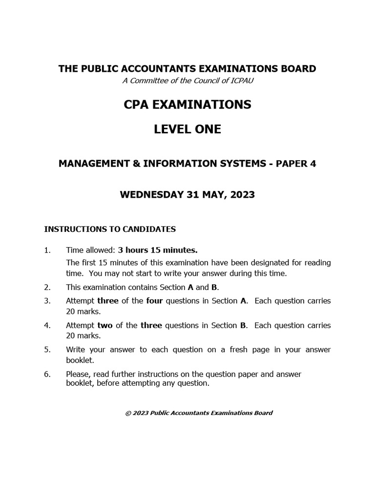 CPA Level 1 Management Systems Exam 2023 | PDF