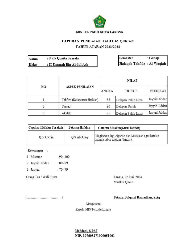 Contoh Format RAPORT TAHFIZ | PDF