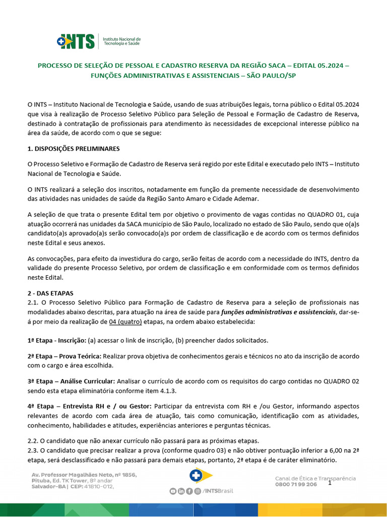 Edital 05.2024 Processo de Selecao de Pessoal e Cadastro Reserva Da ...