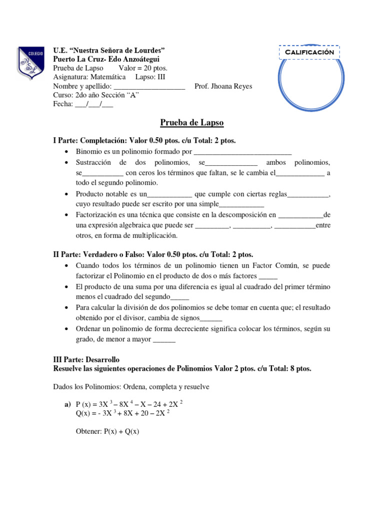 Prueba de Lapso III Lapso 2 Do PDF | PDF | Factorización | Aritmética