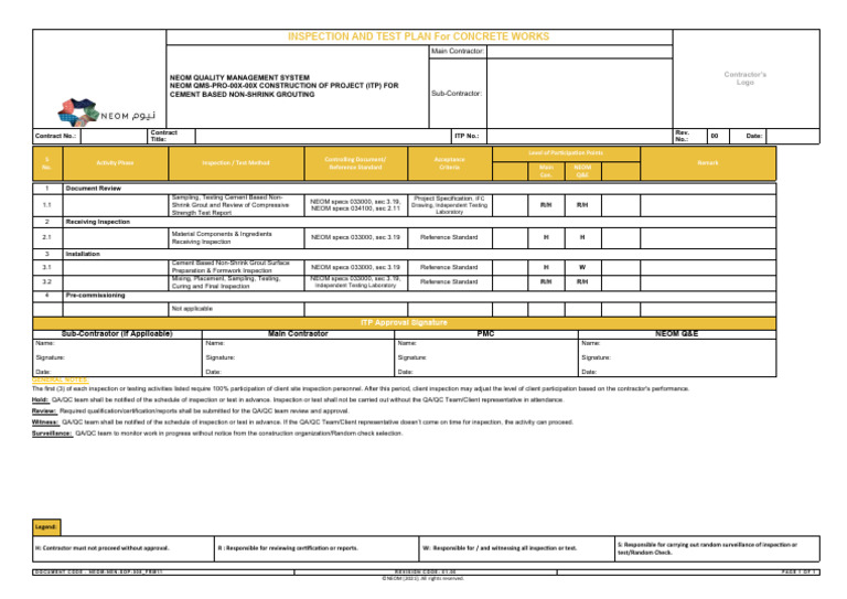 ITP-CIV-Cement Based Non-Shrink Grouting-Template A3 | PDF | Building ...
