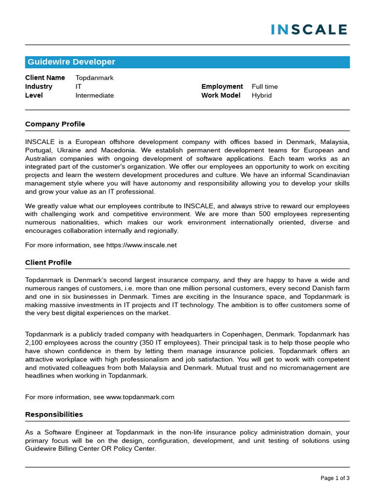Guidewire Developer Position at Topdanmark | PDF | Employment | Denmark