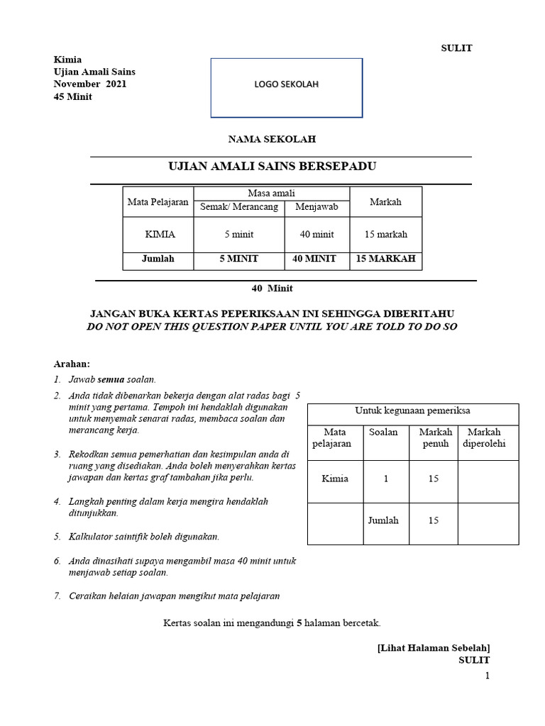 Kertas Amali Kimia Percubaan SPM 2021 | PDF