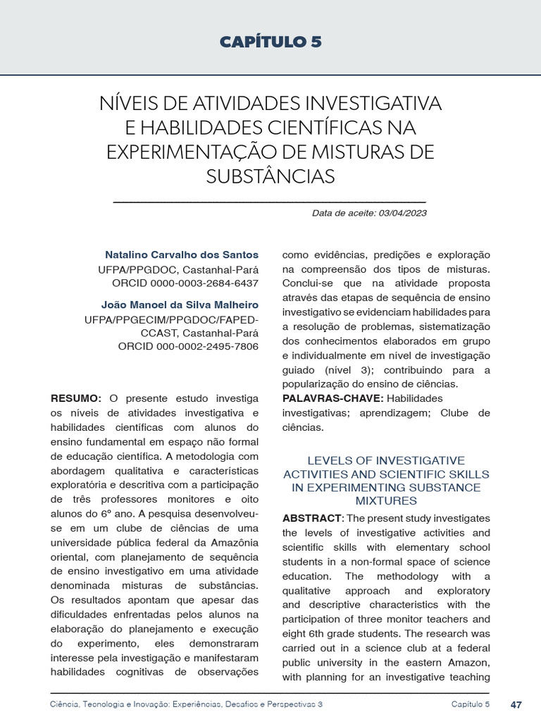 Niveis de Atividades Investigativa e Habilidades Cientificas Na ...
