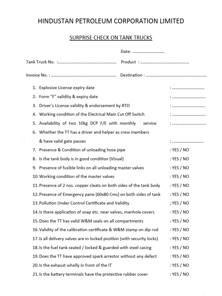 HPCL Tank Truck Inspection Checklist | PDF | Vehicles | Manufactured Goods