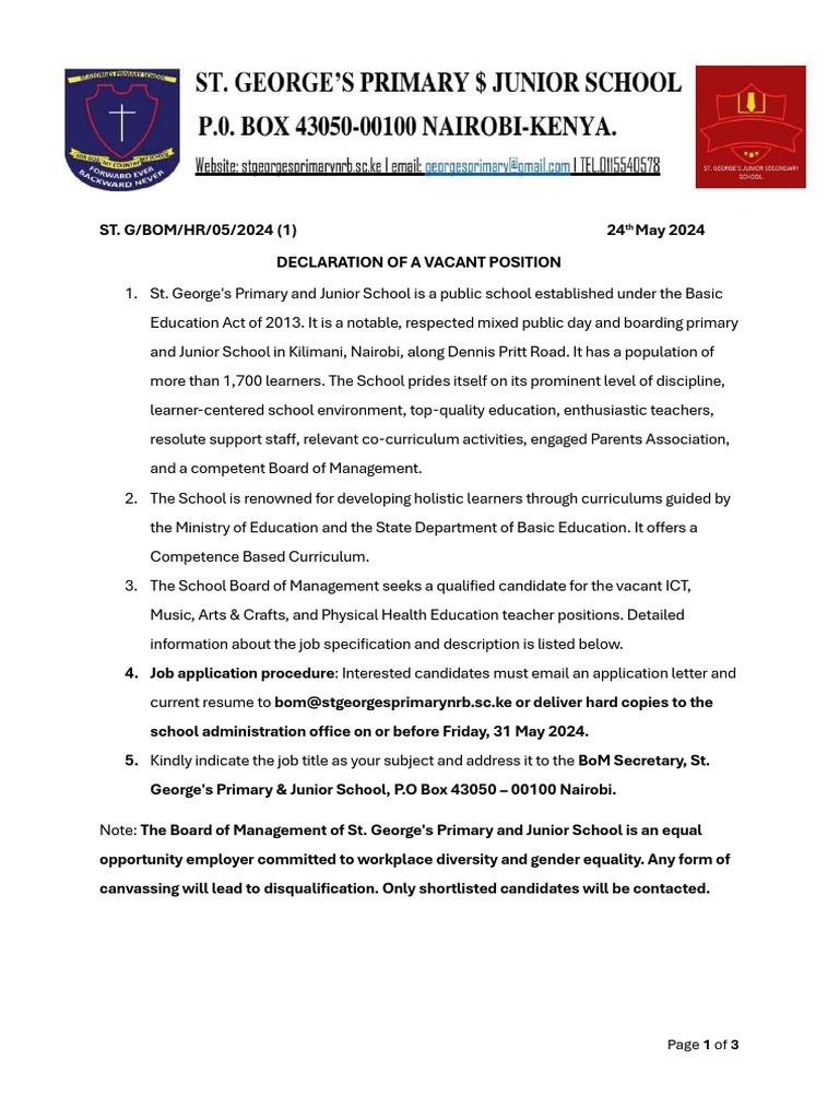 Vacancy - ICT, Music, Art, Craft & PHE Teacher | PDF | Educational Technology | Learning