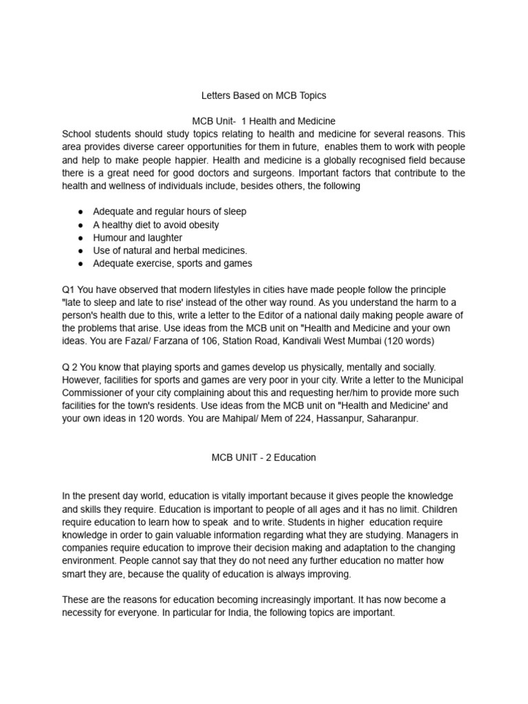 Class X MCB LETTER WRITING TOPICS | PDF | Tourism | Science