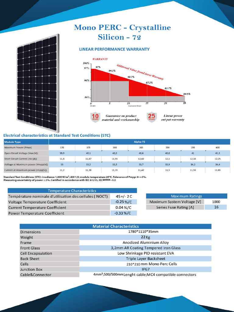 Fiche Technique Mono Perc 400Wc-ALPHANIS | PDF