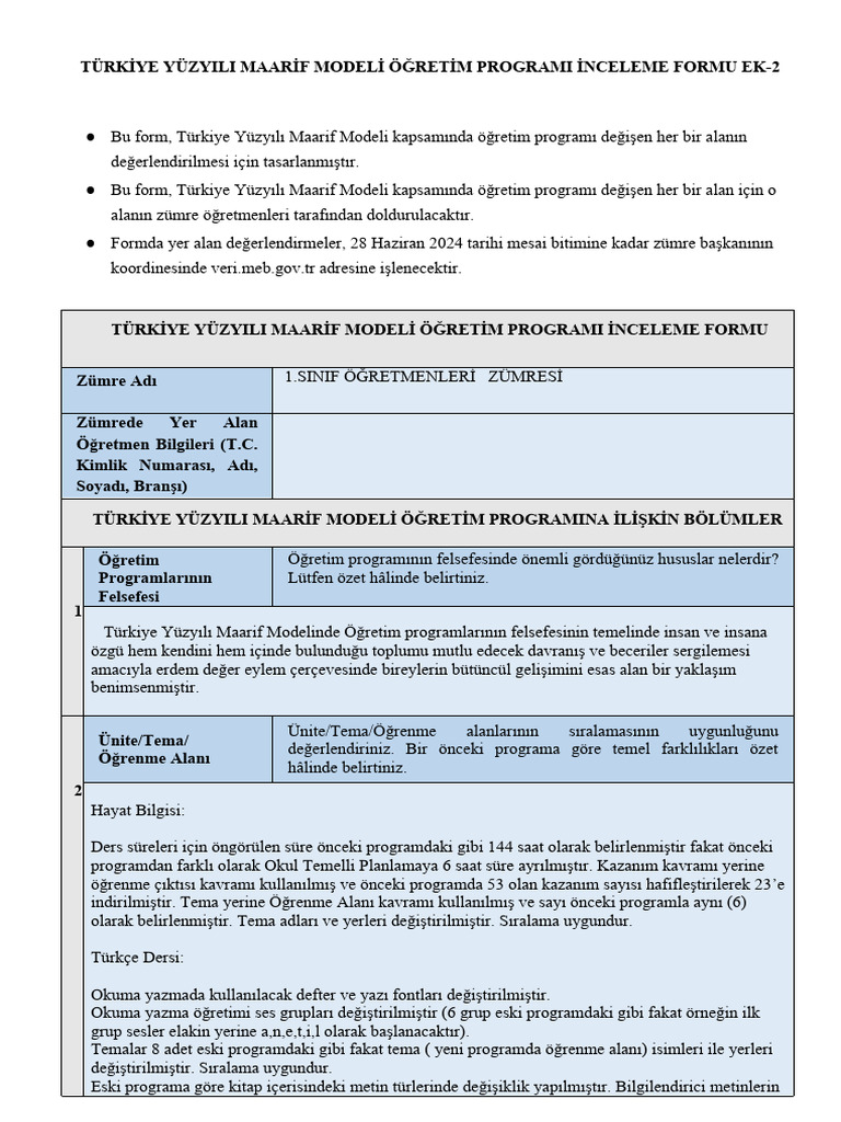 Ek-2 1. Sınıf | PDF