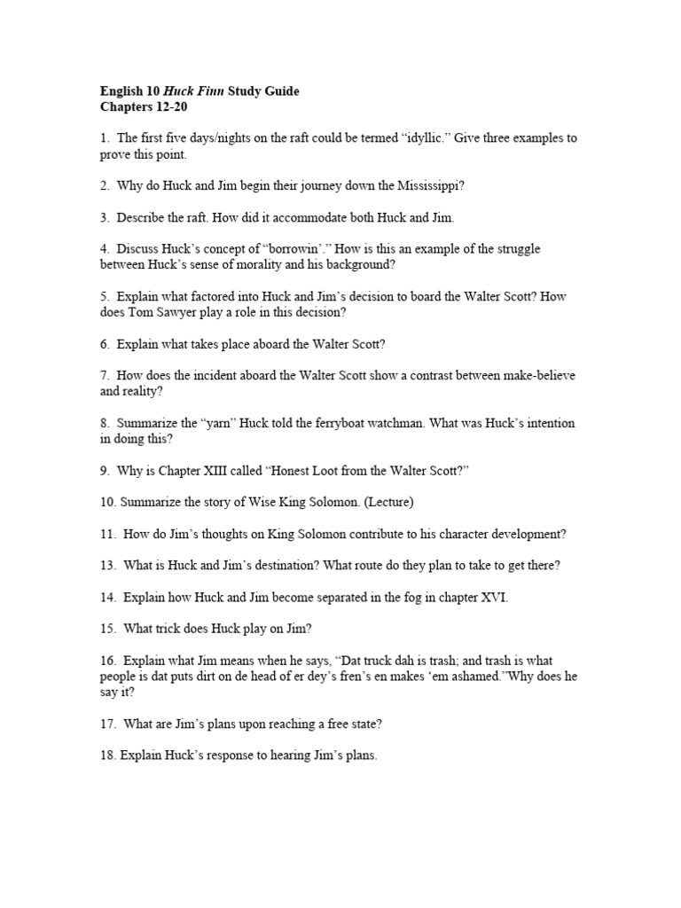 Cs 10 Huck Finn Study Guide 12-20 | PDF | Huckleberry Finn