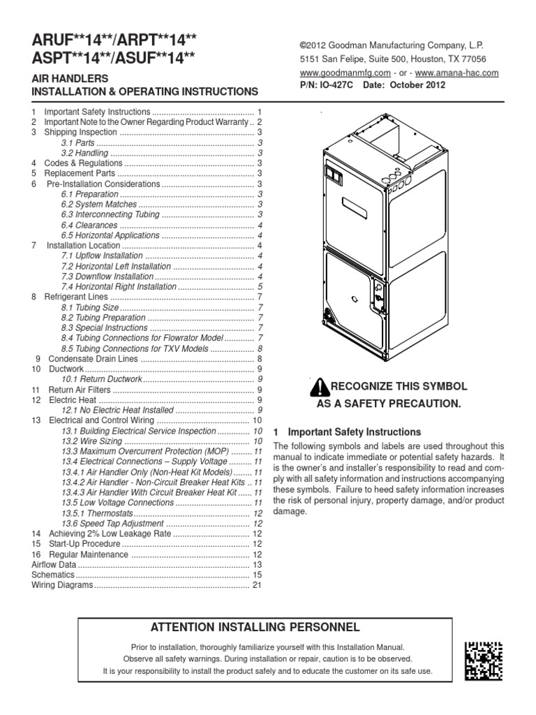 ARUF Air Handler - Installation & Operating Instructions | PDF | Manufactured Goods | Building ...