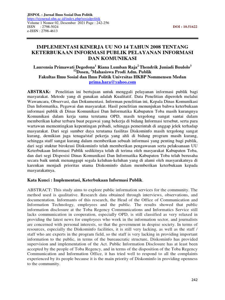 Implementasi Kinerja Uu No 14 Tahun 2008 Tentang Keterbukaan Informasi Publik Pelayanan ...