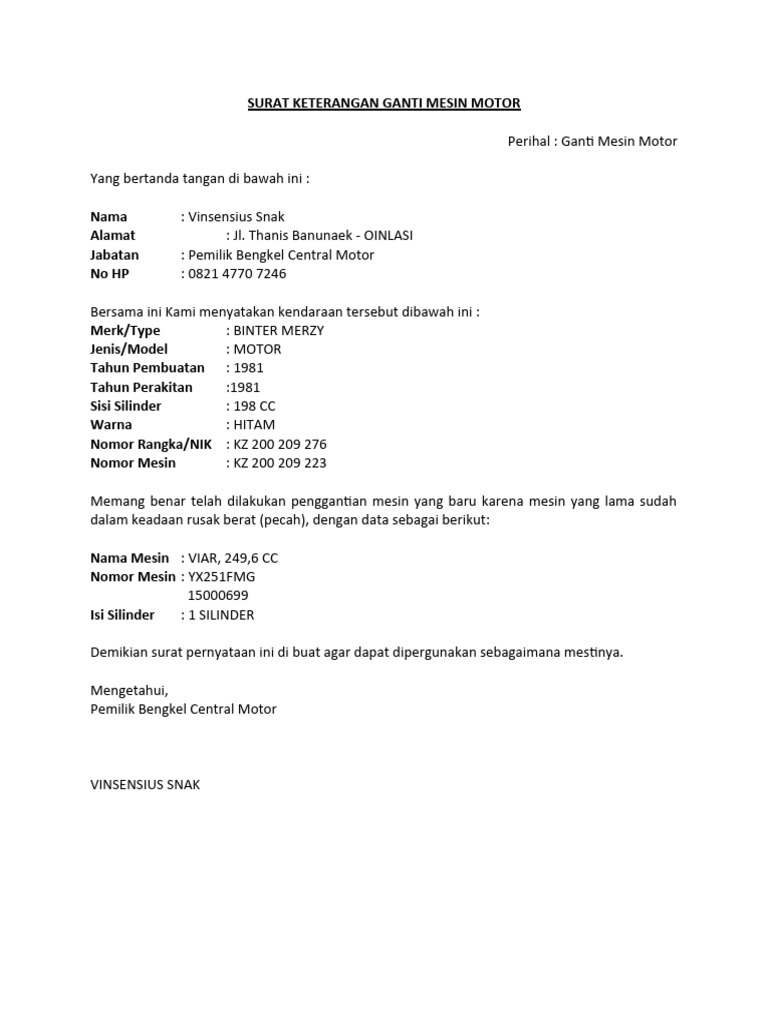 Surat Keterangan Ganti Mesin Motor | PDF