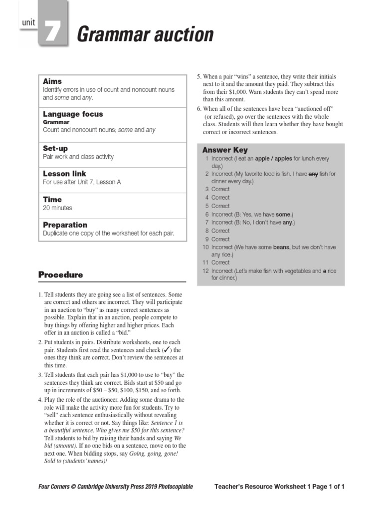 Four Corners Level 1 Unit 7 Grammar Auction Worksheet 1 | PDF | Foods ...