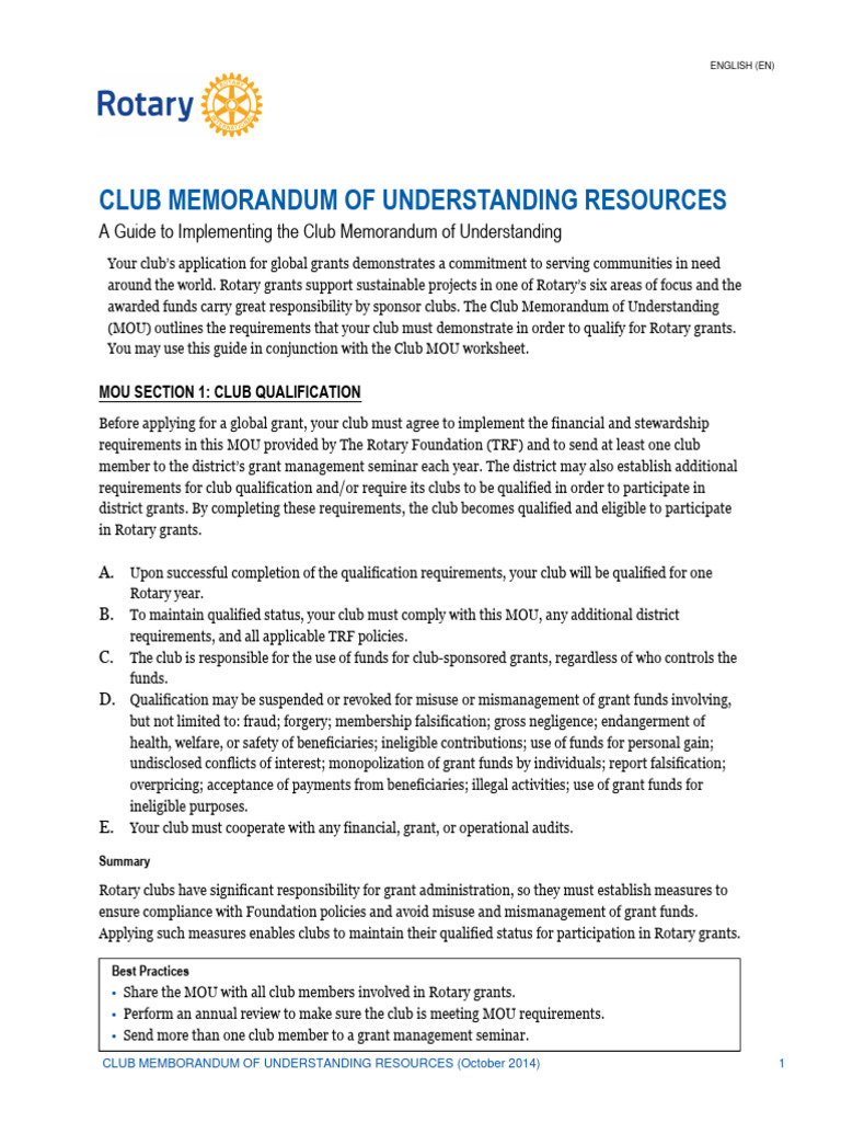 Rotary Club MOU Grant Guidelines | PDF | Receipt | Audit