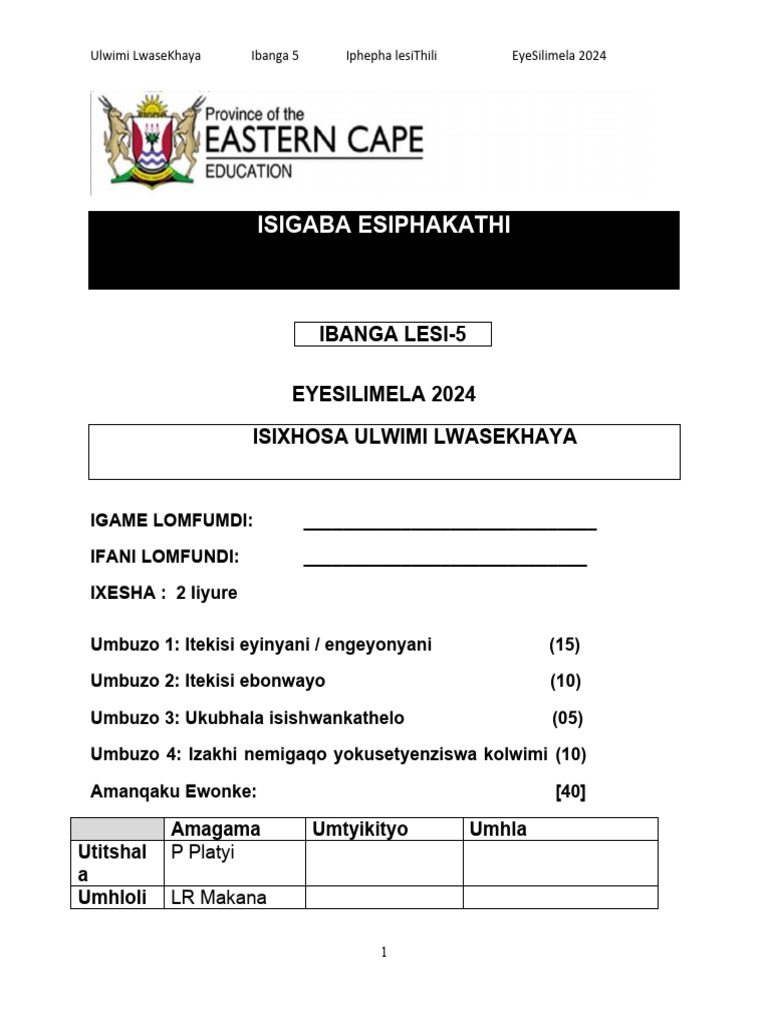 Isixhosa Grade 5 Exam Paper 2024 | PDF | Science & Mathematics