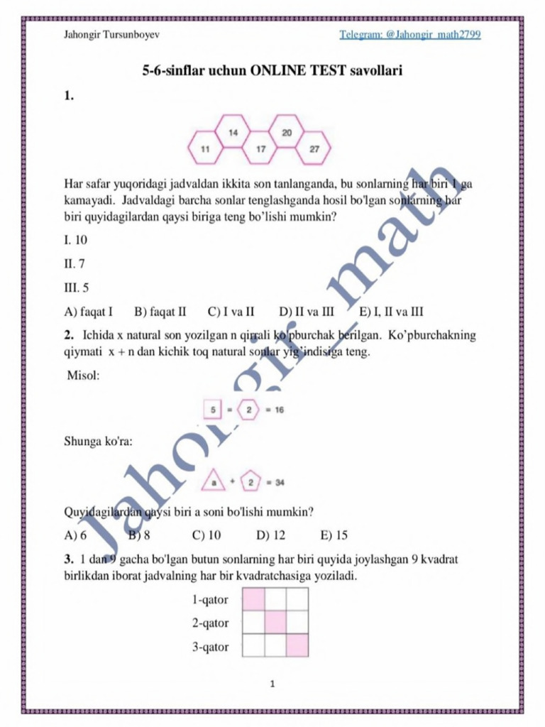 5-6 Sinflar Uchun Onlayn Test | PDF