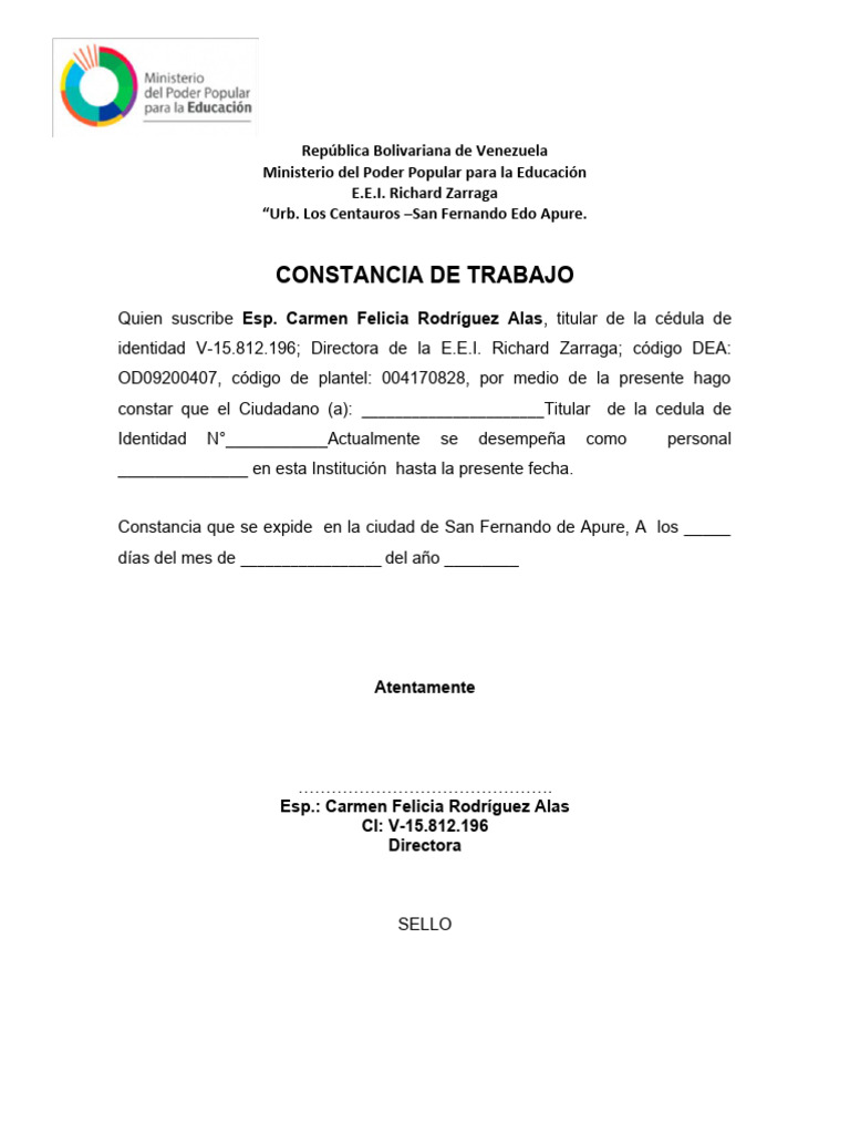Constancia de Trabajo E.E.I. Richard Zarraga | PDF
