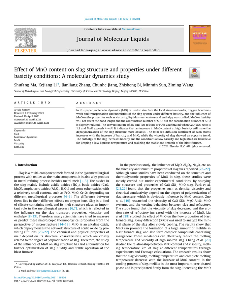 MnO Impact on Slag Properties and Structure | PDF | Viscosity | Melting