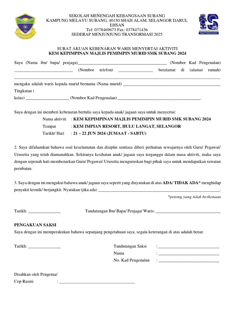 Surat Kebenaran Program Kem Kepimpinan Majlis Pemimpin Murid | PDF