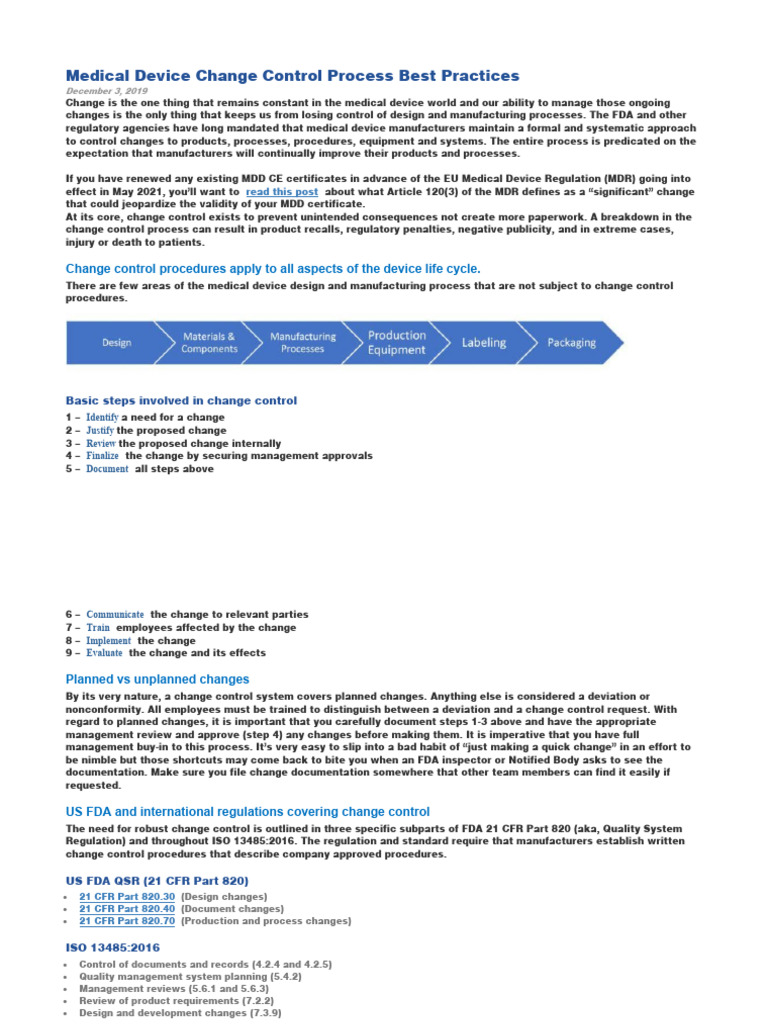 Medical Device Change Control Process Best Practices | PDF | Medical Device