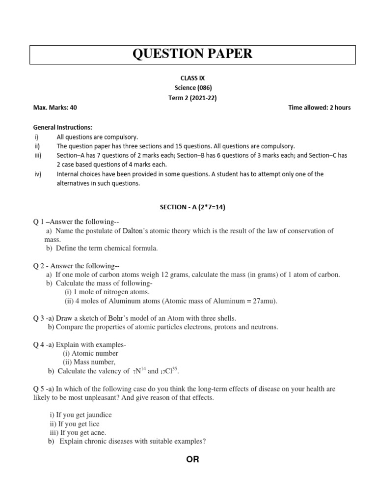 Science 9th Question Paper Pattern | PDF | Atoms | Force