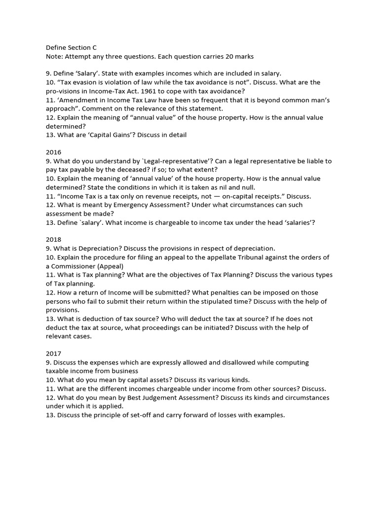 Questions - Section C - Taxation Law | PDF | Income Tax | Taxes