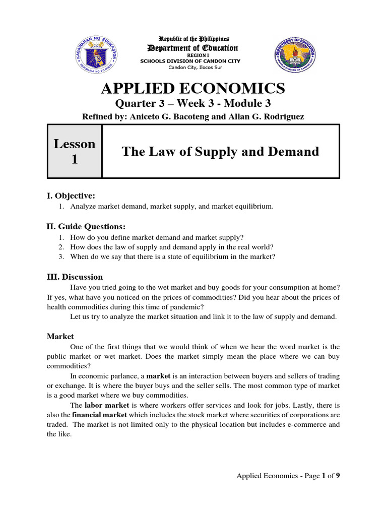 Applied-Economics Q3 W3 M3 LDS The-Law-of-Supply-and-Demand ALG RTP | PDF | Supply (Economics ...