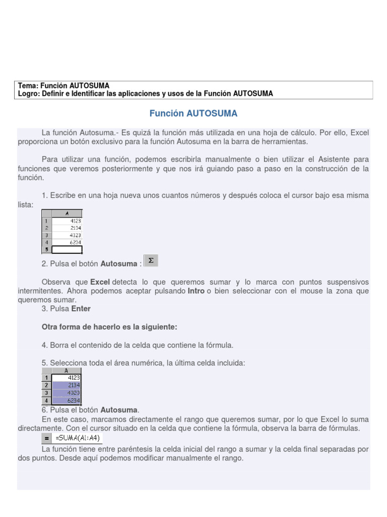 Funcuón Autosuma en Excel 2010 | PDF | Hoja de cálculo | Informática
