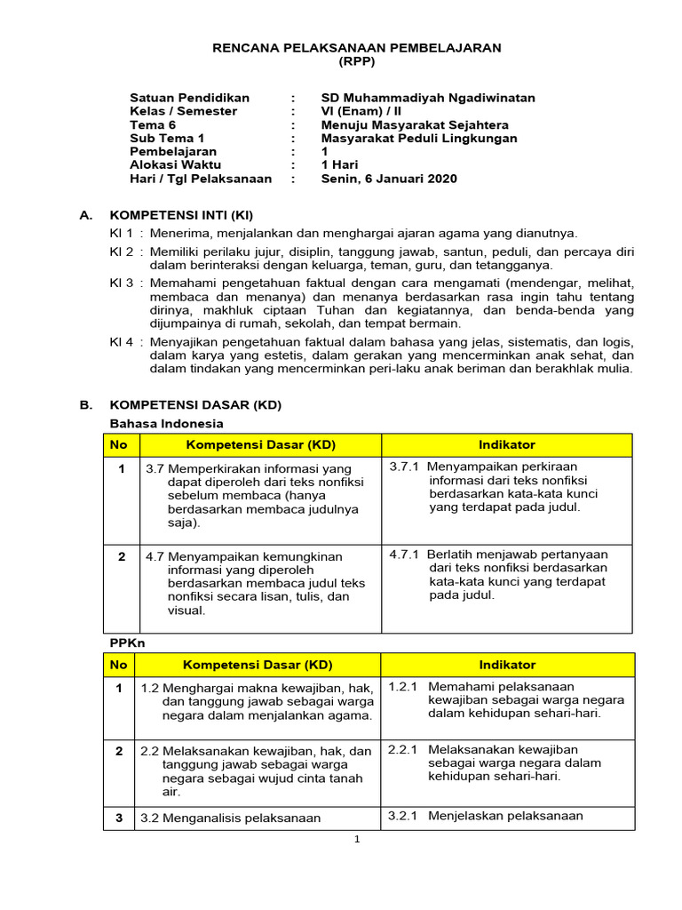 RPP Kelas 6 Tema 6 ST 1 | PDF