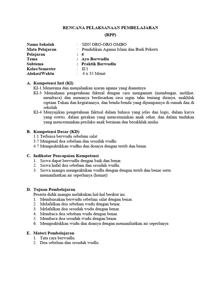 RPP - Mapel - PAI - Konservasi - Air - Sudjak | PDF