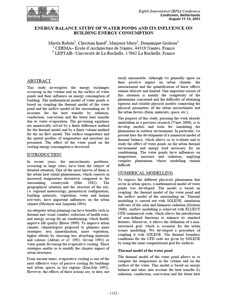 Energy Balance Study of Water Ponds and Its Influence On Building ...