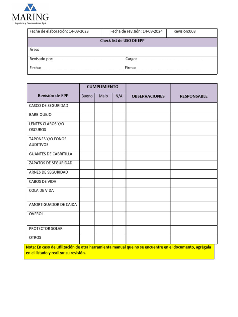 Check List de USO DE EPP | PDF