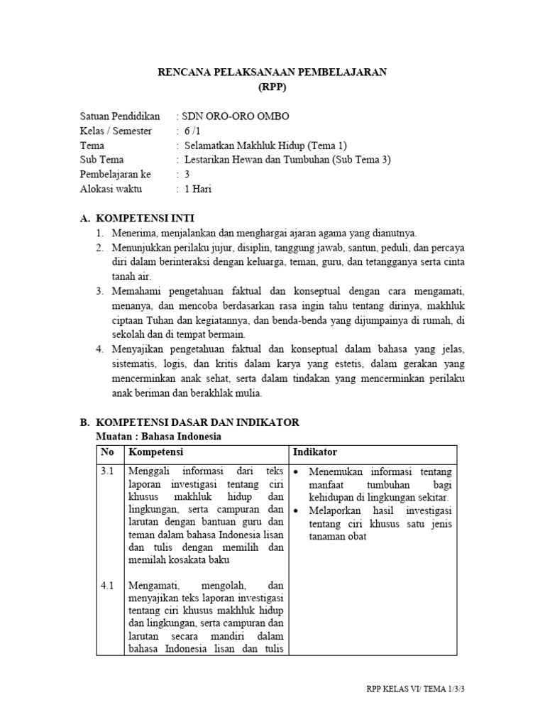 RPP Kelas - VI - Tematik - Inovasi Terkait Penerapan PRLH Lainnya ...