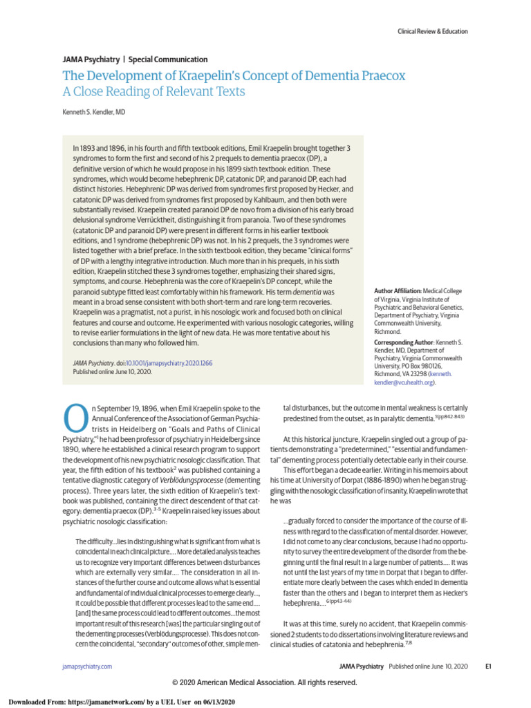 The Development of Kraepelin's Concept of Dementia Praecox | PDF ...
