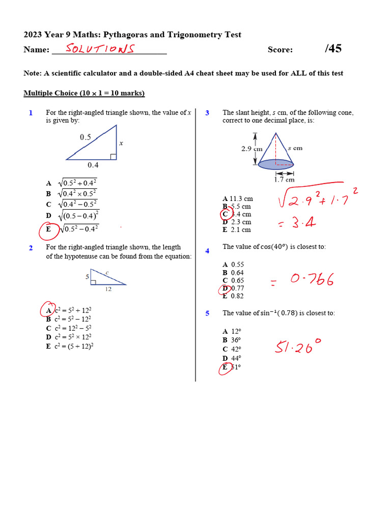 Year 9 Maths Test: Pythagoras & Trigonometry | PDF | Triangle | Length