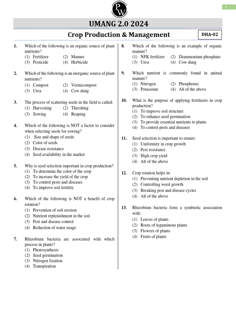Crop Production and Management - DHA 02 - Umang 2.0 2024 | PDF | Manure | Fertilizer