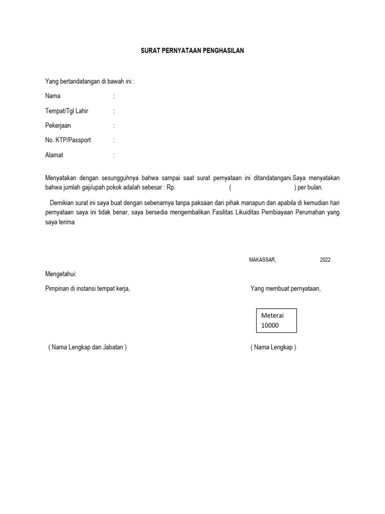 Surat Pernyataan Penghasilan, Tidak Berpenghasilan, Surat Tidak Memiliki Rumah Dan Form Bank BTN ...