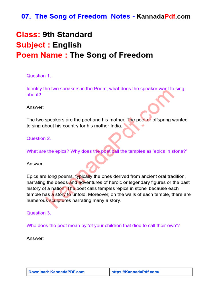The Song of Freedom: Class 9 Notes | PDF | Epic Poetry