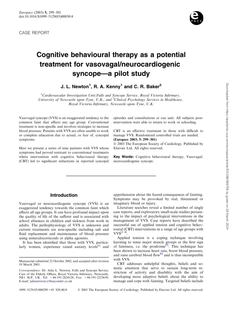 Cognitive Behavioural Therapy As A Potential Treatment For Vasovagal/neurocardiogenic Syncope-A ...