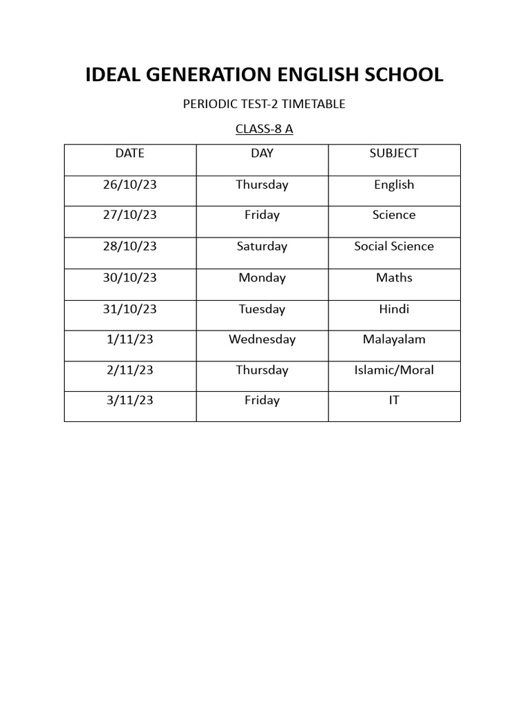 Periodic Test-2 TImetable Class 8 | PDF