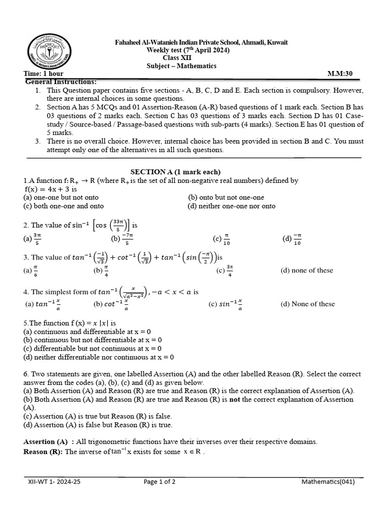 12 Maths WT 1 QP 2024 | PDF | Arithmetic | Mathematical Relations