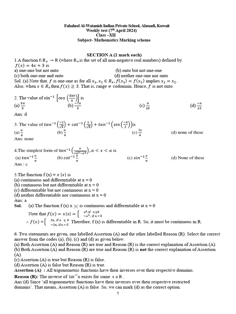 12 Maths WT 1 2024 MS | PDF | Function (Mathematics) | Elementary ...