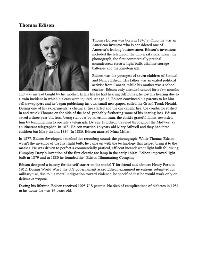 Thomas Edison | Download Free PDF | Thomas Edison | Electricity
